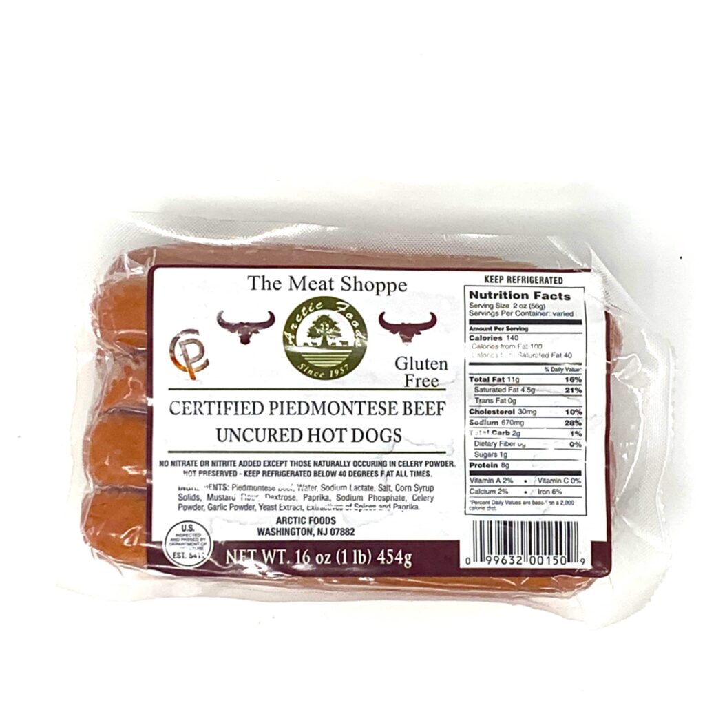 Piedmontese Beef Uncured Hot Dogs 5/1 or 8/1 - 1 lb pkg - Arctic Foods